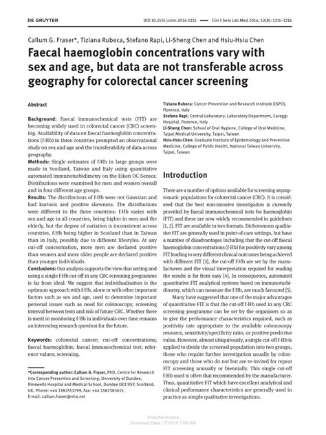 Pdf Faecal Haemoglobin Concentrations Vary With Sex And Age But Data