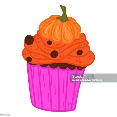 한 손으로 그린 할로윈 호박 컵 케이크 아늑한 스타일의 벡터 일러스트 클립 아트 인사말 카드 포스터 스티커 및 계절 디자인을위한