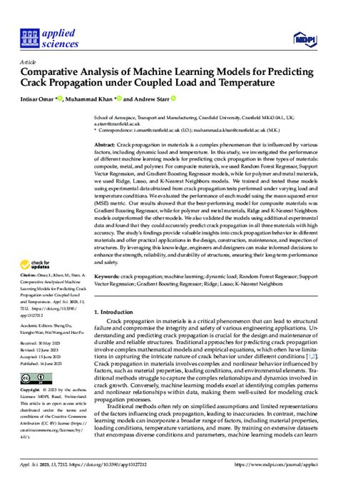 Pdf Comparative Analysis Of Machine Learning Models For Predicting Crack Propagation Under