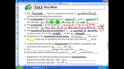 7 4 Lesson 3 Part E Factored Form Of A Quadratic Function Youtube