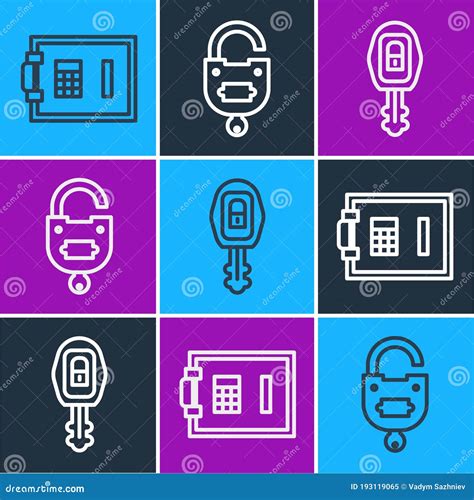 Set Line Safe Combination Lock Laptop And And Sd Card Shield Icon Vector