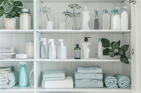 Neatly Organized Cleaning Products On A Shelf Spring Cleaning Concept Stock Image Image Of