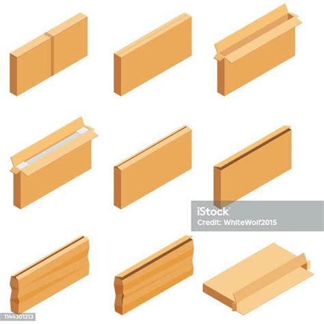 흰색 배경에 고립 된 갈색 골 판지 상자의 아이소메트릭 세트 등각 필렛 벡터 일러스트입니다 당신의 사용할 수도권 디자인을 위한 만화 작풍의 열려있는 및 닫기 빈 판지 포장