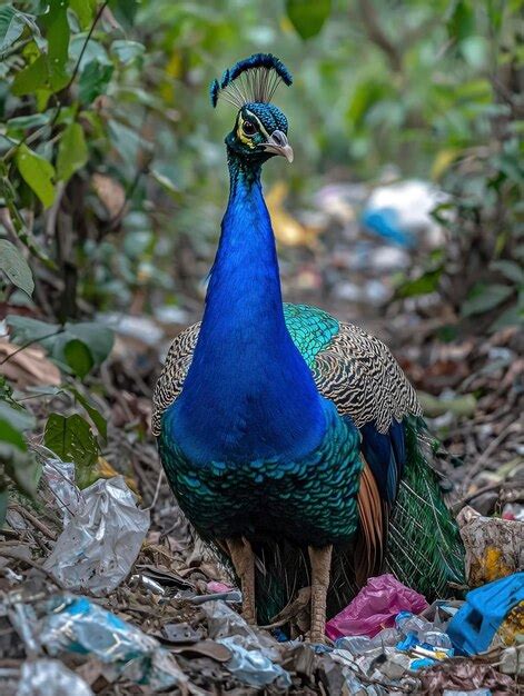 A Peacock Standing Amidst Trash And Rubbish Premium Ai Generated Image