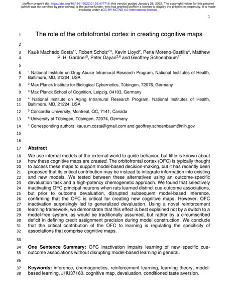Pdf The Role Of The Orbitofrontal Cortex In Creating Cognitive Maps