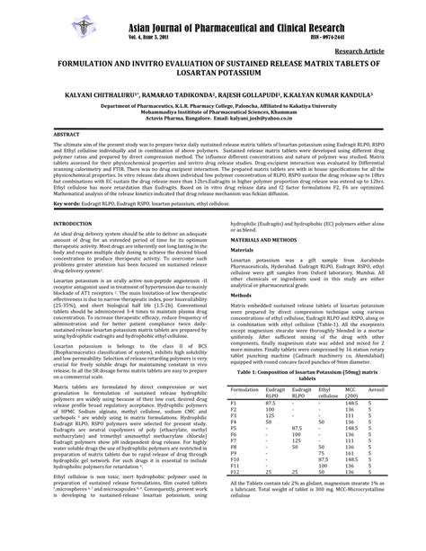 Pdf Formulation And Invitro Evaluation Of Sustained Release Matrix Tablets Of Losartan Potassium