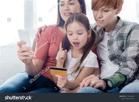 Smiling Same Sex Parents Smartphone Near Stock Photo Shutterstock