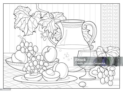 포도와 복숭아가 있는 여름 정물 어린이와 성인을 위한 색칠하기 책 젠탱글 스타일의 이미지 그림과 명상을 위한 인쇄 가능한 페이지입니다 흑백 벡터 그림입니다 검은색에 대한