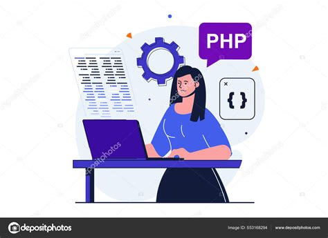 Programmer Working Modern Flat Concept For Web Banner Design Female Developer Works On Laptop