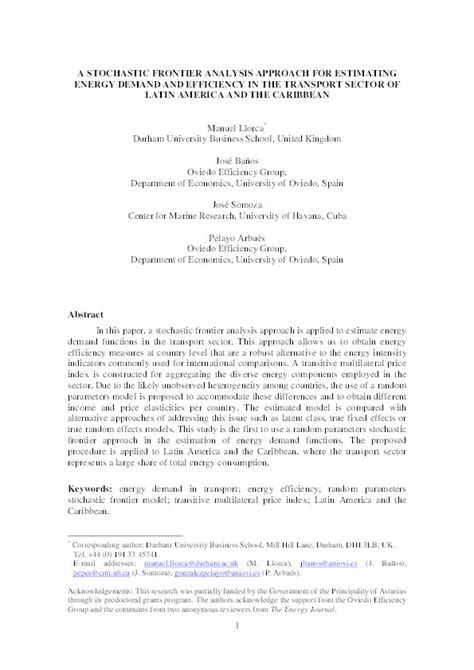 A Stochastic Frontier Analysis Approach For Estimating Energy Demand And Efficiency In The