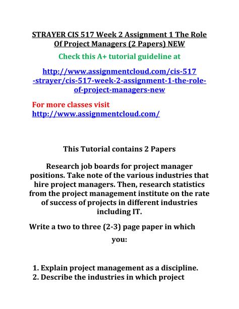 Strayer Cis 517 Week 2 Assignment 1 The Role Of Project Managers Pdf