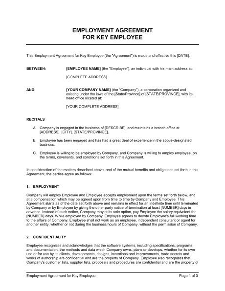 Staff Contract Template Employment Agreement Key Employee Template Word