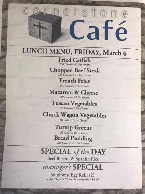 Menu At Cornerstone Cafe At Methodist Rehab Jackson