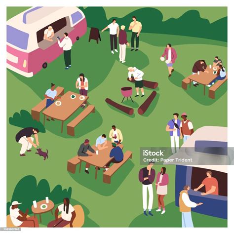 놀이공원에서 열리는 길거리 음식 축제 피크닉 테이블에서 식사하고 바베큐를 하고 유원지에서 소통하는 사람들 가족 친구끼리 야외에서 여가 시간을 보냅니다 레크리에이션 이벤트