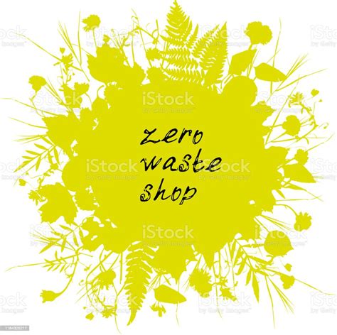 제로 폐기물 가게 로고 검은 텍스트 서예 문자 손으로 낙서 꽃은 흰색 배경에 고립 된 노란색 겨자를 남깁니다 오염 문제 개념 에코 생태 배너 포스터 벡터 0에 대한 스톡