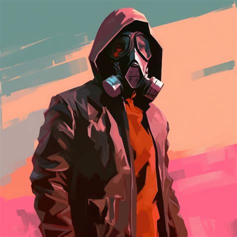 A Man In A Gas Mask And A Jacket With A Hood Against The Backdrop Of