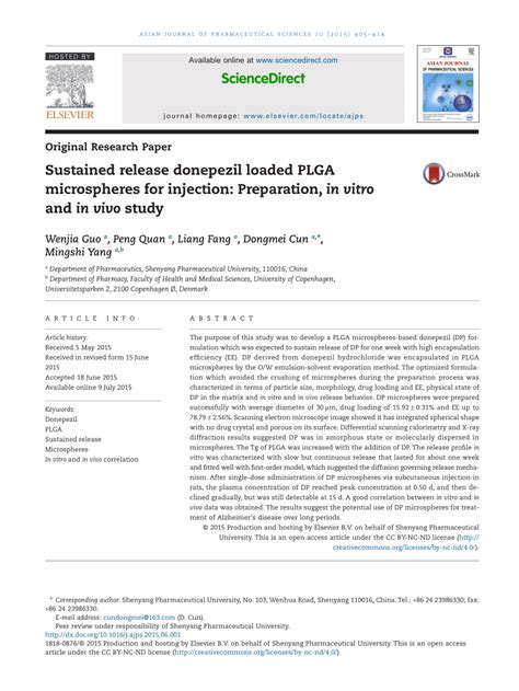 Pdf Sustained Release Donepezil Loaded Plga Microspheres For Injection Preparation In Vitro