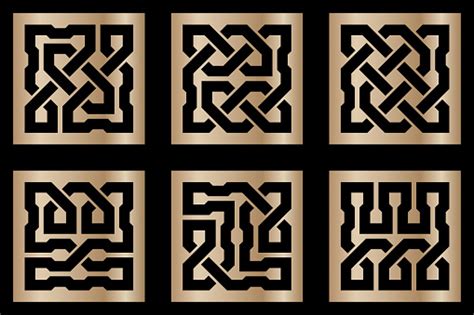 장식 기하학적 켈트 매듭 패턴으로 설정된 컷아웃 실루엣 패널 인쇄 레이저 절단 스텐실 인그레이빙을 위한 템플릿 벡터 그림입니다 0명에 대한 스톡 벡터 아트 및 기타 이미지