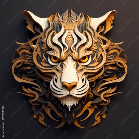 Tribal Tiger Mask Wood Gold Generative Ai Art Illustration Of Majestic