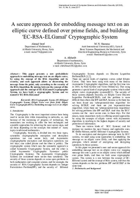 Pdf A Secure Approach For Embedding Message Text On An Elliptic Curve Defined Over Prime