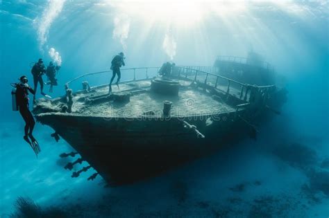 Divers Exploring A Sunken Shipwreck In Deep Blue Waters Stock Illustration Illustration Of