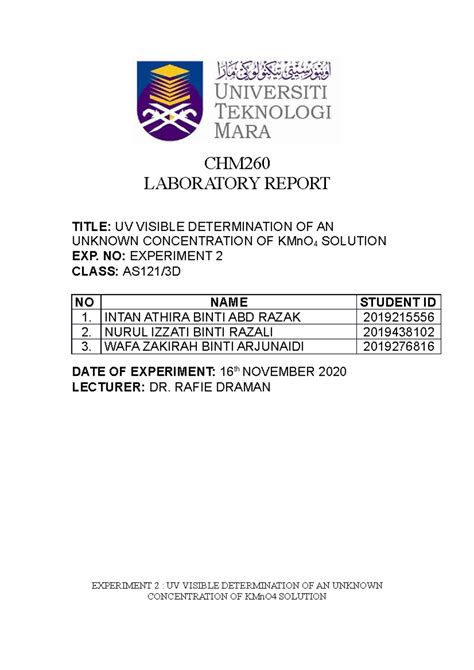 CHM260 LAB Report EXP2 CHM LABORATORY REPORT TITLE UV VISIBLE DETERMINATION OF AN UNKNOWN