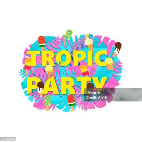창의적인 핑크 블루 정글 단어 트로픽 파티 구성 고 종이에 흰색 바탕에 아이스크림 컷 스타일 열 대 잎 노란색 디자인 전단지