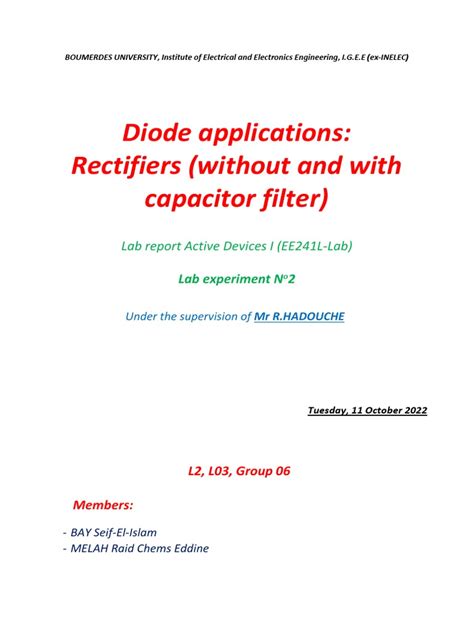 Lab Experiment N 2 Diode Applications Rectifiers Pdf Rectifier