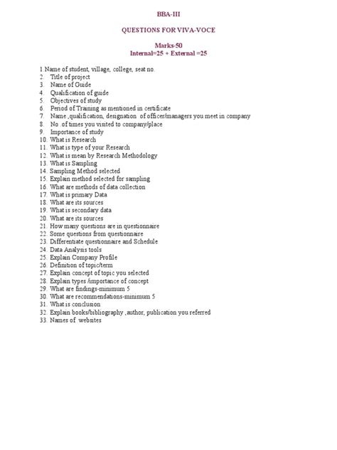 Questions For Bba Iii Project Viva Voce Pdf