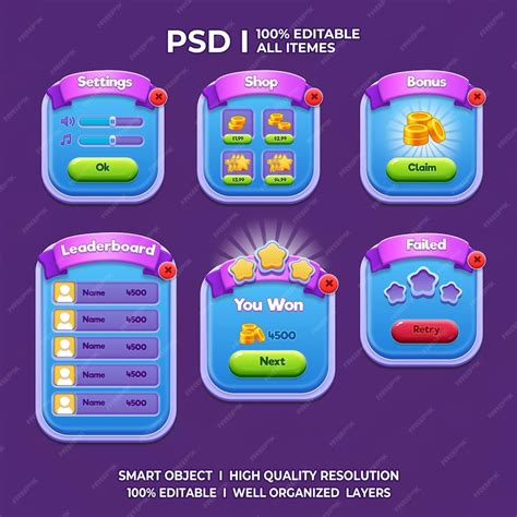 게임 키트 2d 게임 Ui 사용자 인터페이스 캐주얼 게임 Ui 키트 Ui 아트 만화 게임 Ui 쿨 Ui 프리미엄 Psd 파일