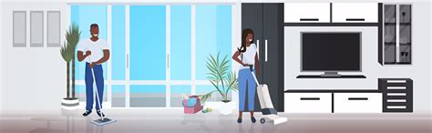 커플 남자 여자 사용 걸레와 진공 청소기 가족 하 고 가사 바닥 관리 청소 서비스 개념 현대 거실 인테리어 수평 전체 길이 가공의 인물에 대한 스톡 벡터 아트 및 기타