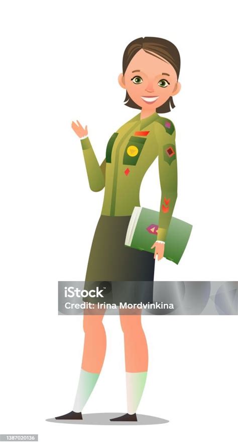 배지와 스카우트 유니폼을 입고 예쁜 어린 소녀 쾌활한 소녀 스탠딩 포즈 만화 스타일의 만화 플랫 디자인 단일 문자입니다 흰색