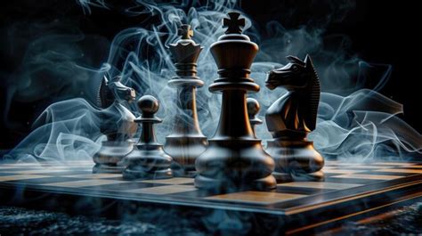 Chess Figures On Dark Background With Smoke And Fog Epic Chess Game