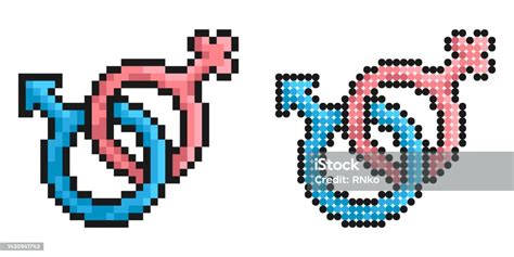 픽셀 아이콘입니다 남성과 여성의 성별 상징은 서로 연결되어 있습니다 남자와 여자의 강한 연합 흰색 배경에 고립 된 간단한 복고풍 게임 벡터 0명에 대한 스톡 벡터 아트 및