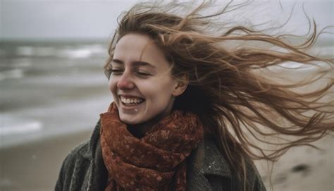 Premium Ai Image Young Women Feel The Cold Wind On The Beach