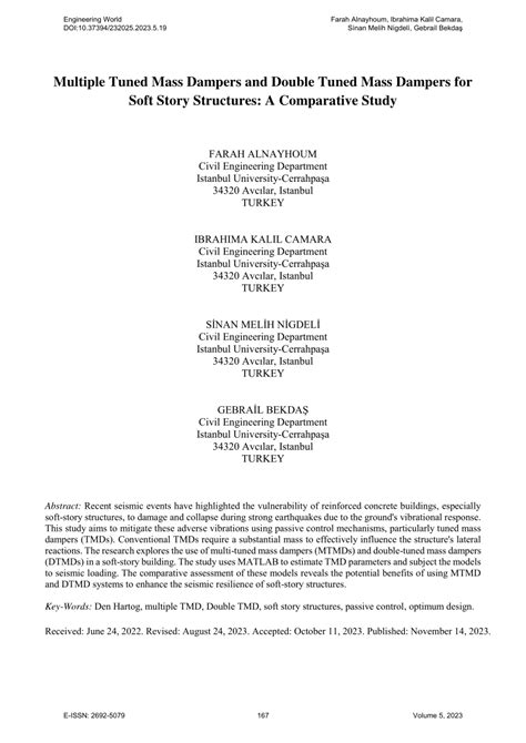 Pdf Multiple Tuned Mass Dampers And Double Tuned Mass Dampers For Soft Story Structures A