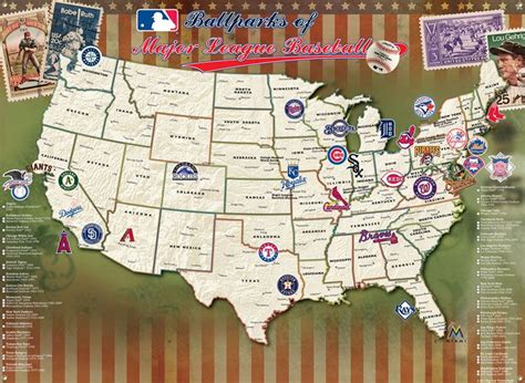 Ballparks Of Major League Baseball Team Map Poster