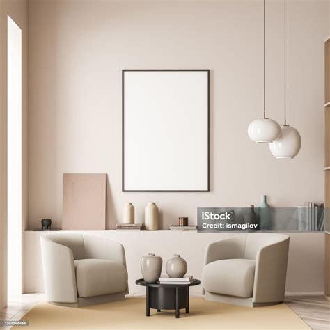 프레임 캔버스와 펜던트 램프가 있는 베이지 색 거실의 안락의자 2개 0명에 대한 스톡 사진 및 기타 이미지 0명 3차원 형태 가구 Istock