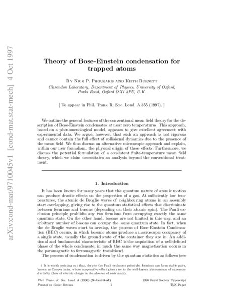 Pdf Theory Of Bose Einstein Condensation For Trapped Atoms