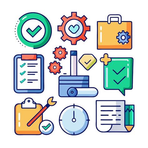 Colorful Icons Related To Business Workflow And Project Management With Check Marks Gears Clocks