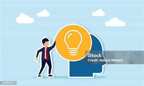 전구 기호가 있는 머리 모양의 아이콘 옆에 서 있는 사업가 창의적인 아이디어를 디자인할 때 탁월한 사고를 보여주는 그림 교육에 대한 스톡 벡터 아트 및 기타 이미지 Istock