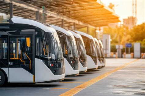 Clean Energy Public Buses Parked Under Solar Panels At Modern Transportation Hub Stock Image