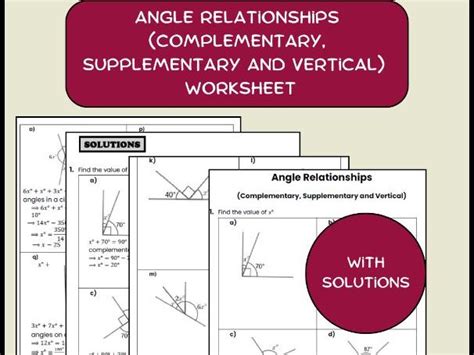 Angle Relationships Complementary Supplementary And Vertical Worksheets Teaching Resources