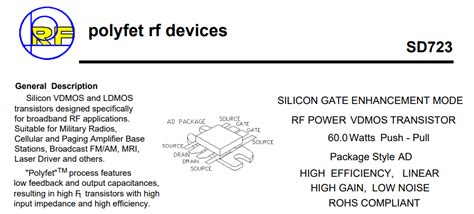 An Equivalent Transistor For This Rf Power Vdmos Sd723 Polyfet Rf Devices R Askelectronics