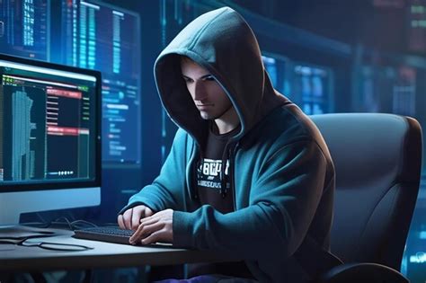 Premium Photo Hacker Programmer Who Sits In A Hoodie Behind A Computer With Many Screens In