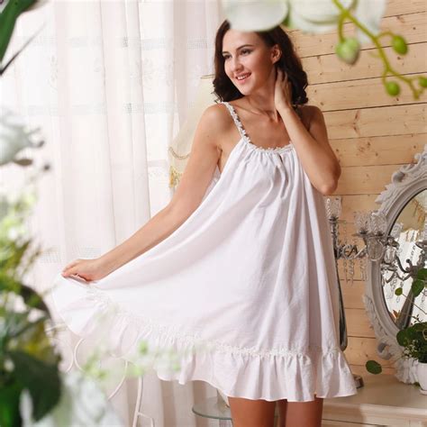 Women Spaghetti Strap Sexy Nightgown White 100 Cotton Plus Size