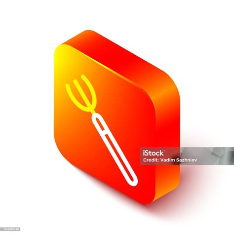 흰색 배경에 격리 된 등색 라인 정원 피치 포크 아이콘 정원 포크 표지판 원예 농업 농업을위한 도구 주황색 정사각형 버튼 벡터 3차원 형태에 대한 스톡 벡터 아트 및 기타