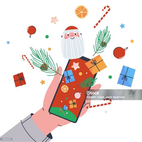 크리스마스 기호가 전화기 화면에서 날아갑니다 선물 나뭇 가지 산타 클로스 색종이가있는 사탕 지팡이 손이 전화기를 잡습니다 평면 벡터 그림 손에 대한 스톡 벡터 아트 및 기타