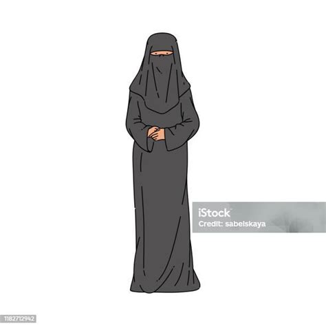 검은 드레스와 히잡 또는 부르카 벡터 일러스트레이션을 입은 무슬림 여성 개념에 대한 스톡 벡터 아트 및 기타 이미지 개념 검은색 긴 Istock