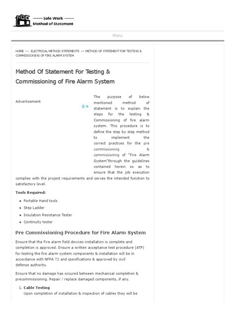 Method Of Statement For Testing And Commissioning Of Fire Alarm System Pipe Fluid Conveyance